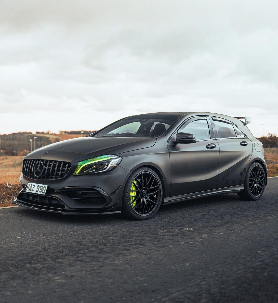 Matte black Mercedes AMG A45 with some 4D gel plates – Delta Plates
